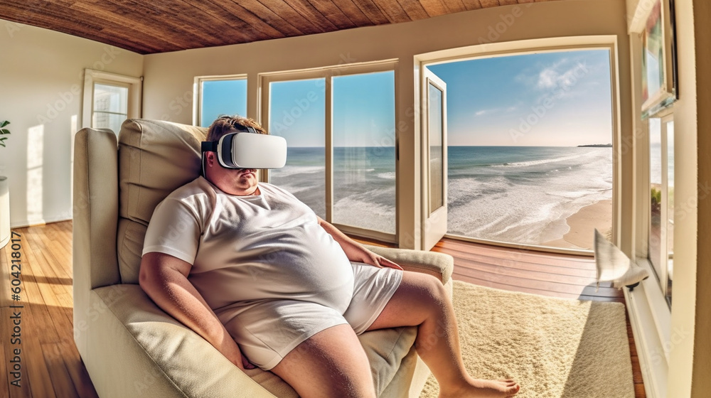 escape from reality to a beach and the ocean, a fictional person in a ...