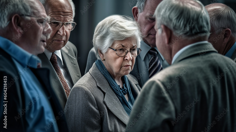 elderly men and an old woman, critical negative and stressed, talking ...