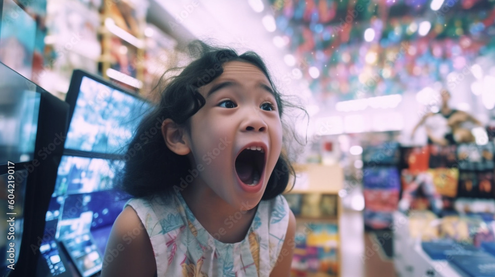 small child in an extremely positive mood, child girl in a toy shop ...