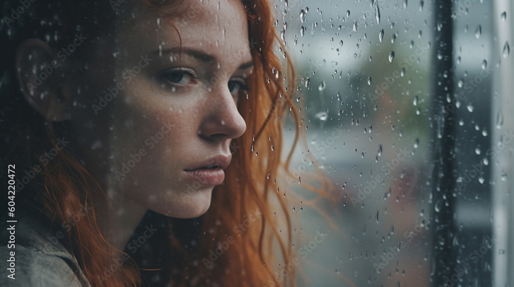 young adult woman standing in the rain, rainy weather and rain showers ...