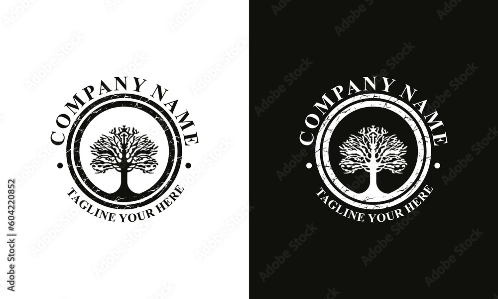 Tree of Life, oak banyan leaf and root seal emblem stamp logo design ...