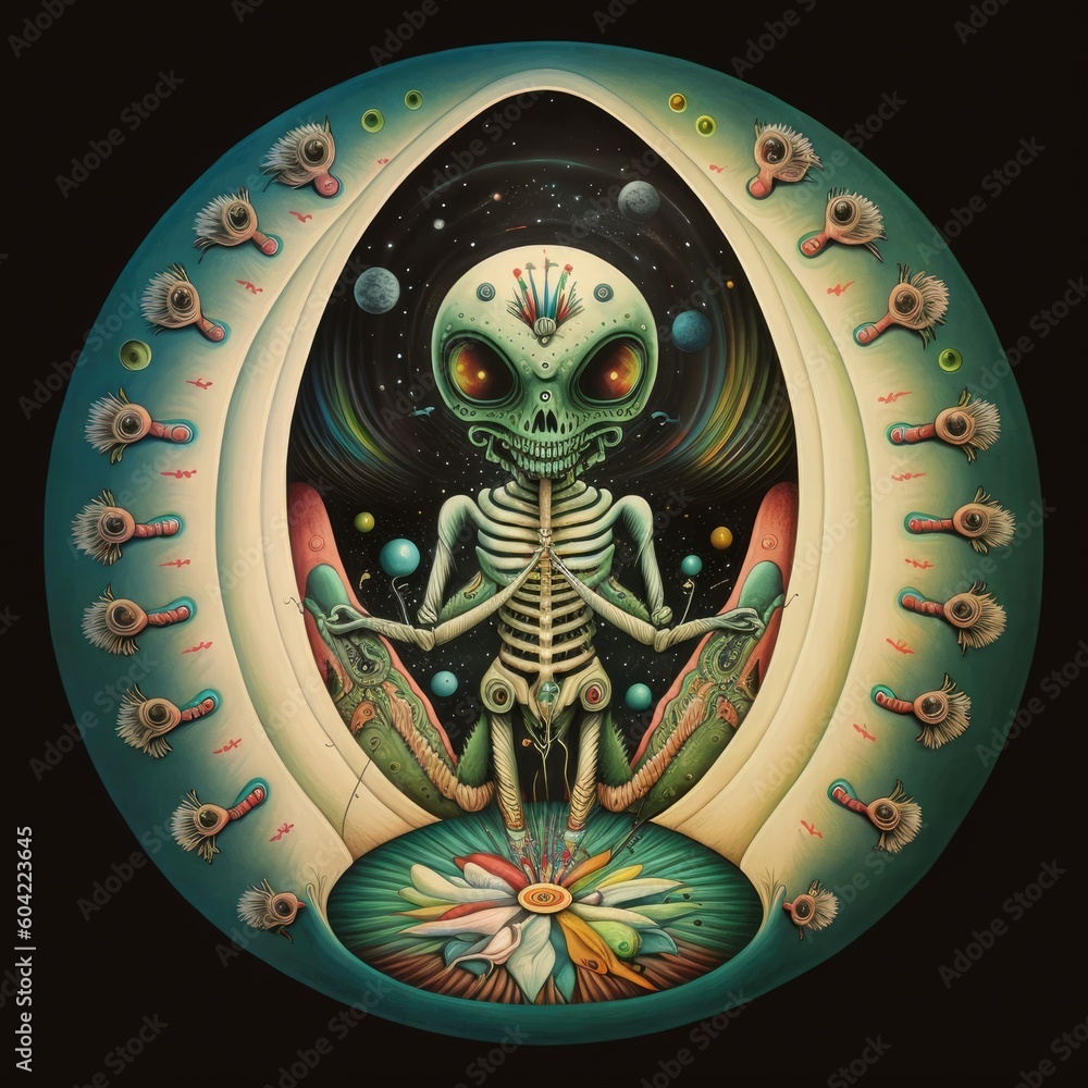 Symmetric Fisheye Anatomical Painting of Alien Astronaut and Fauna with ...