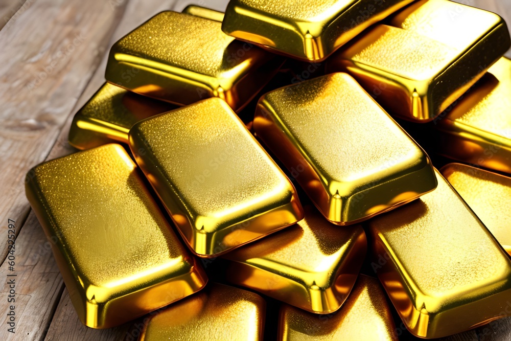 Pila de lingotes de oro sobre tablas de madera, IA Generativa Stock ...