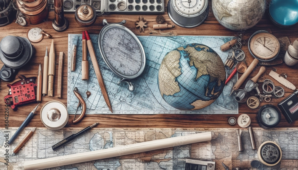 Craft a rustic world map with old fashioned cartography tools generated ...