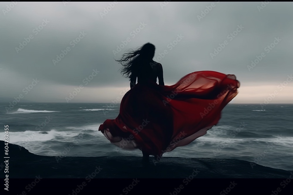 In a cinematic moment, a solitary woman stands amidst a breathtaking backdrop, embodying ...