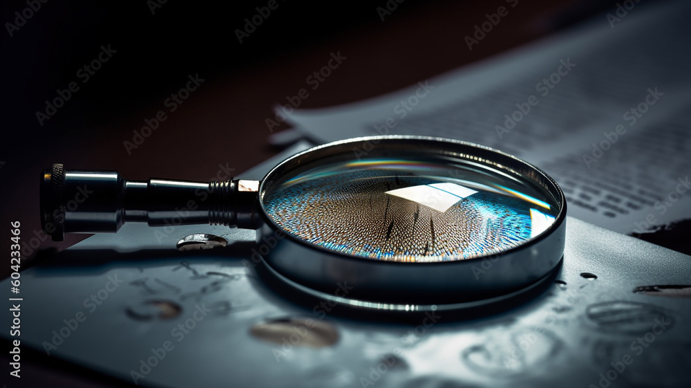 ภาพประกอบสต็อก Detective using a magnifying glass to view a finger ...