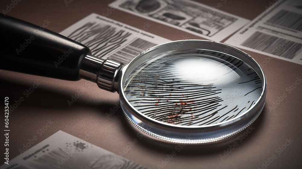 Detective using a magnifying glass to view a finger print, a crime ...