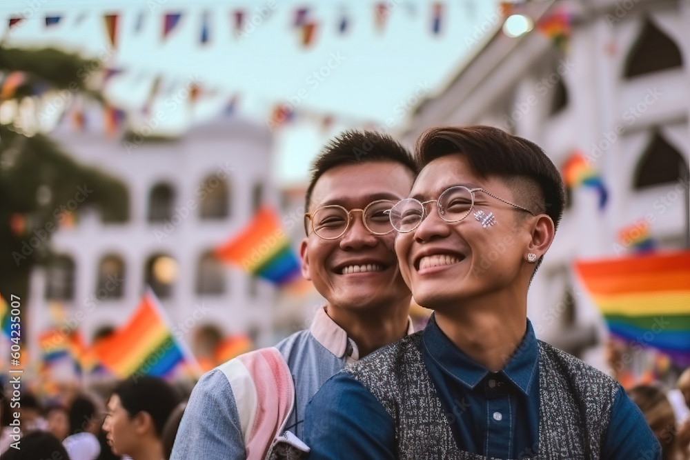 Portrait Of A Couple Of Two Asian Gay Men At The Gay Pride Day Parade