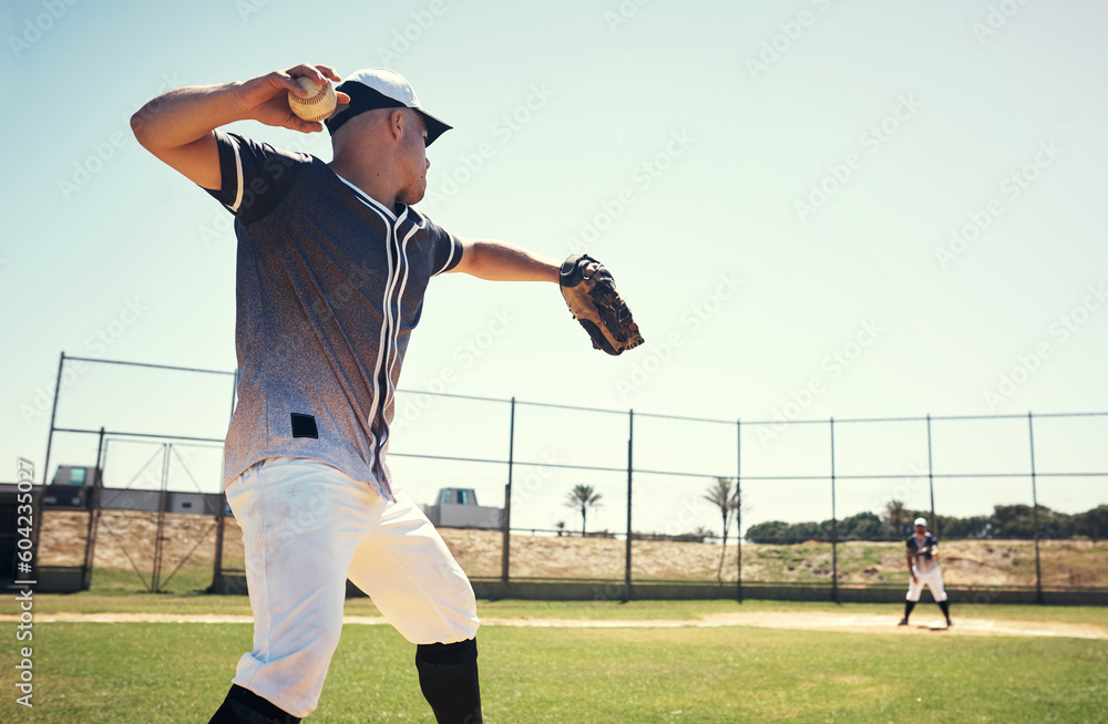 Pitch, sports and training with man on baseball field for competition ...
