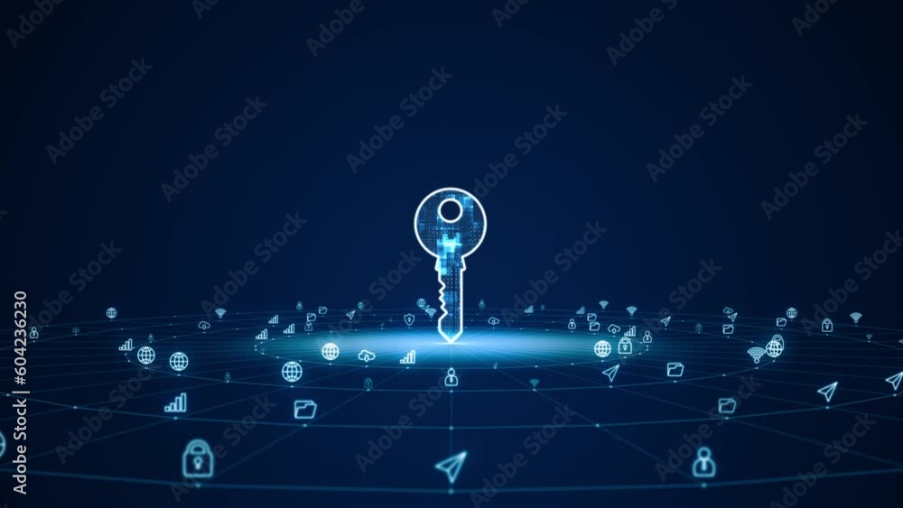 Motion graphic of Blue digital security key logo with futuristic ...