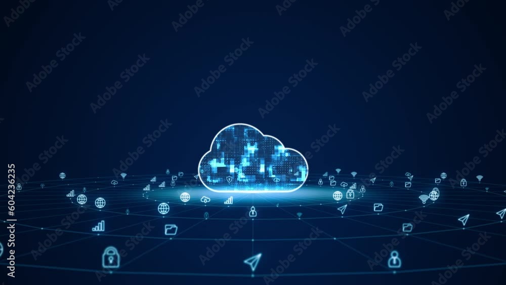 Motion Graphic Of Blue Digital Cloud Computing Logo With Futuristic Technology Ai Icon And Line