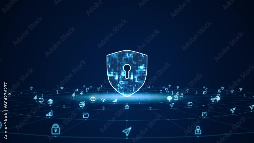Motion graphic of Blue digital security shield logo with futuristic ...