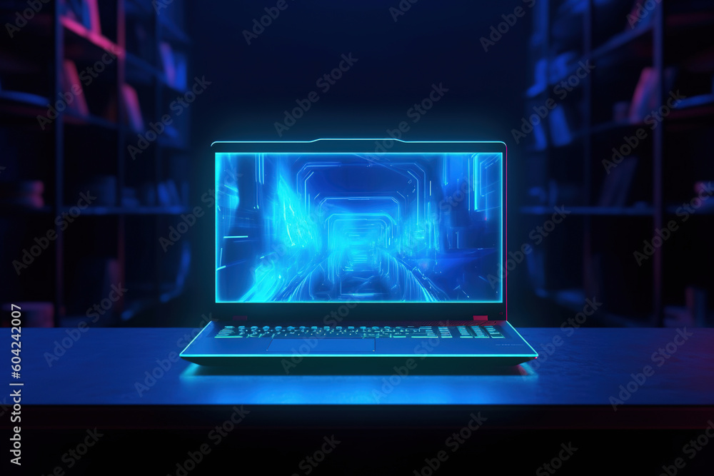 In a dark room illuminated by blue lighting, a portable neon computer ...