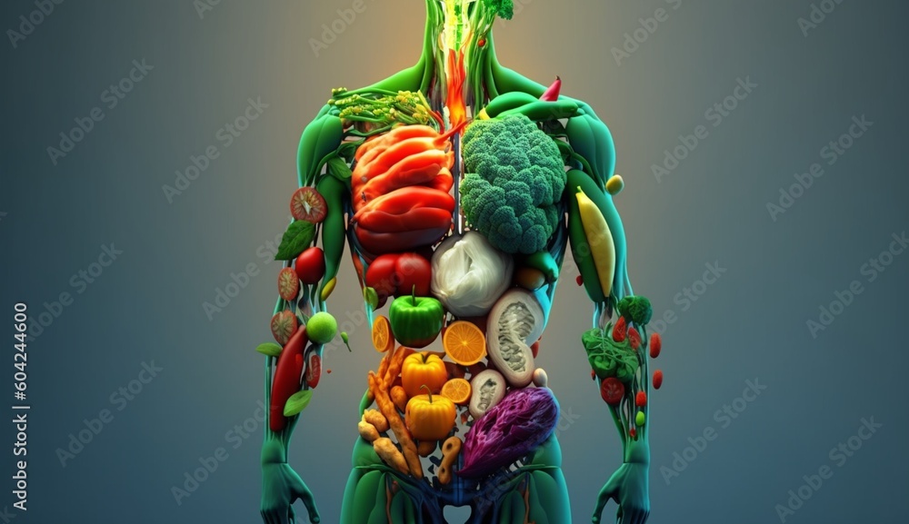 Vegetables forming a human body metabolism and nutrition.Generative AI ...