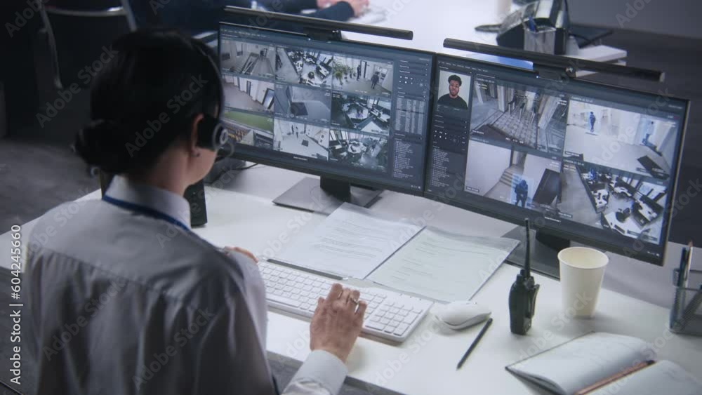 Security officer in headset controls CCTV cameras with AI facial ...