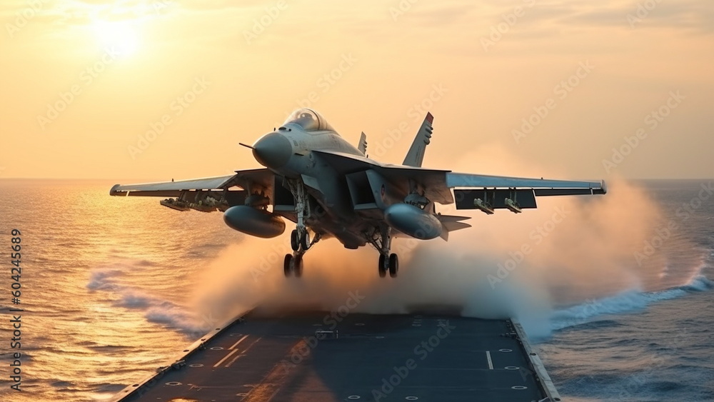 Military aircraft carrier ship with fighter jets take off during a ...