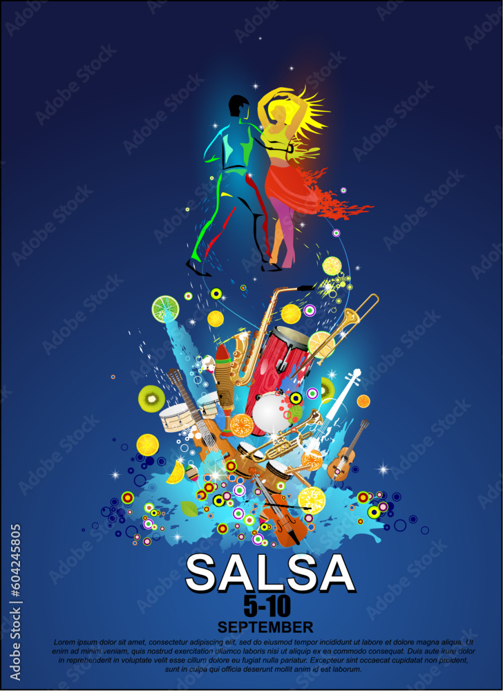 The salsa party poster. The vector background of salsa dance. The salsa ...