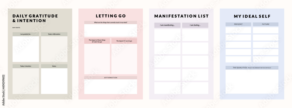 Set of printable vector manifestation, affirmation, gratitude planner ...