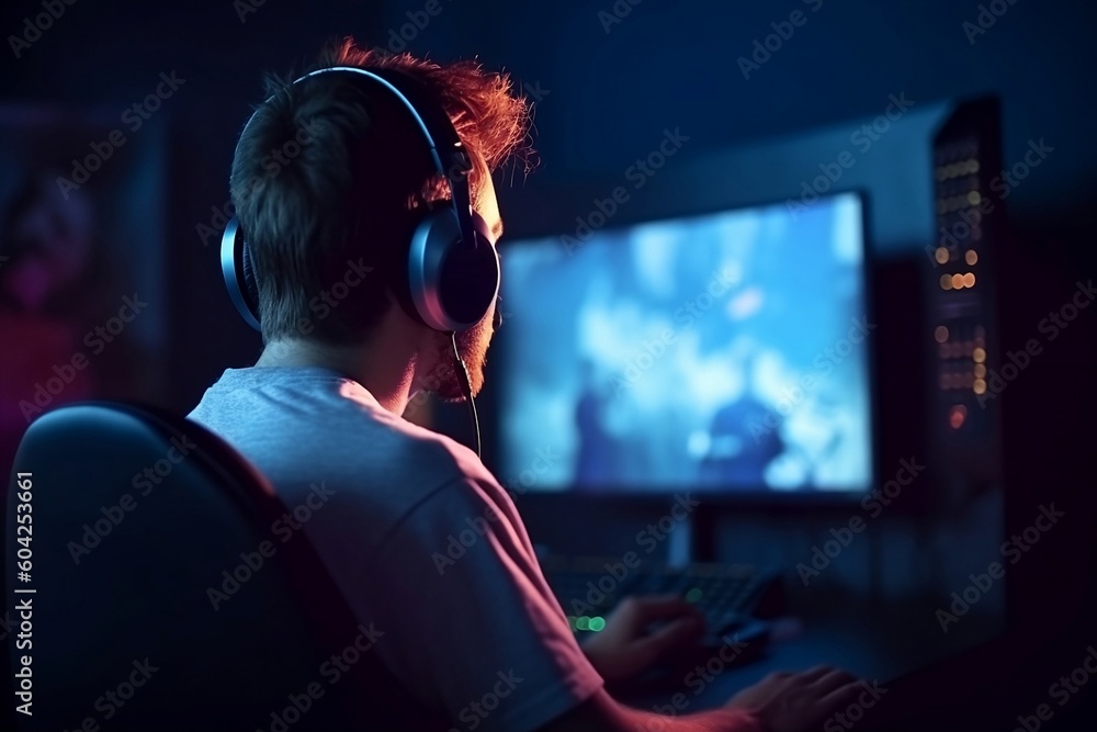 Back view of man wearing headphones and playing video game on monitor ...