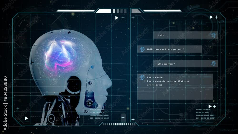 Robot head shows AI icon provide access information, digital chatbot ...