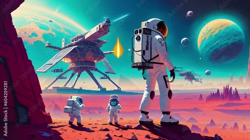 Astronaut exploring an alien planet, surrealistic animation. Dreamy ...