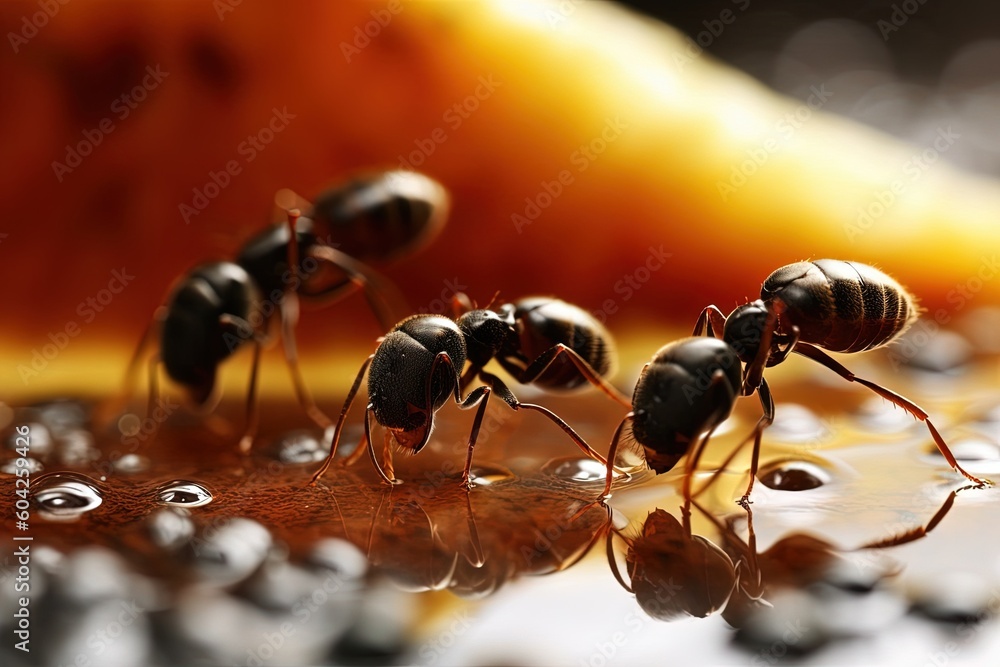 Black ants eating honey drop. Generative AI. Digital Art Illustration ...