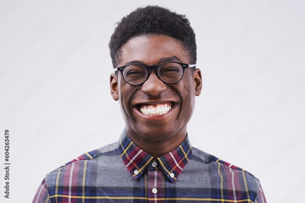 Portrait, mockup and black man with a smile, funny and confident ...