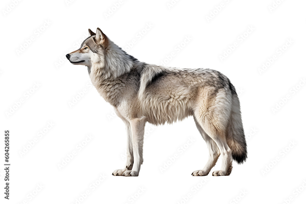 a gray wolf standing ,Sideview isolated on transparent background ...