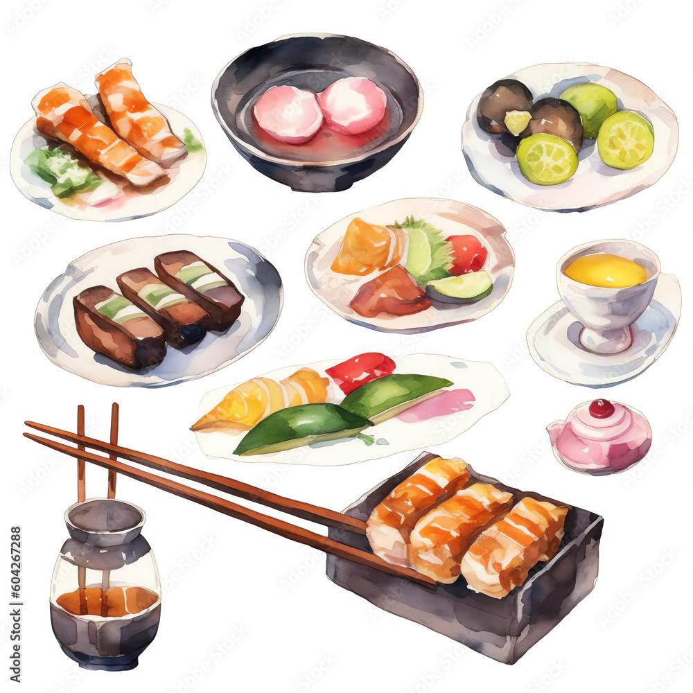 Watercolor Japanese food. Hand painted food objects: teapot and cups ...