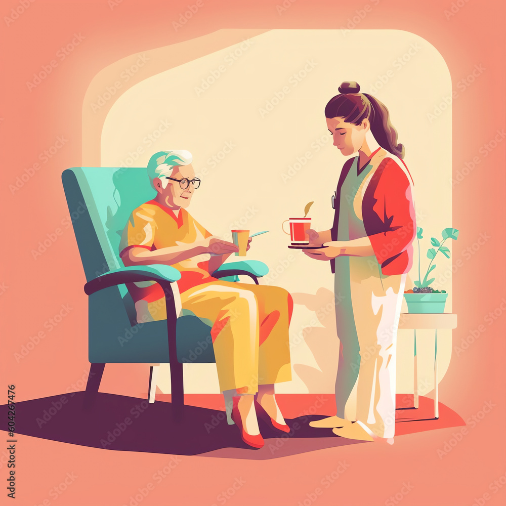 Nurse taking care of grandfather in nursing home or hospital. Vector ...