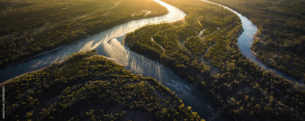 Stunning aerial view of a winding river, sharp sunlit shadows on water ...