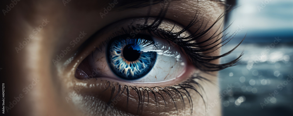 Close-up photo of a single blue eye revealing an intense storm ...
