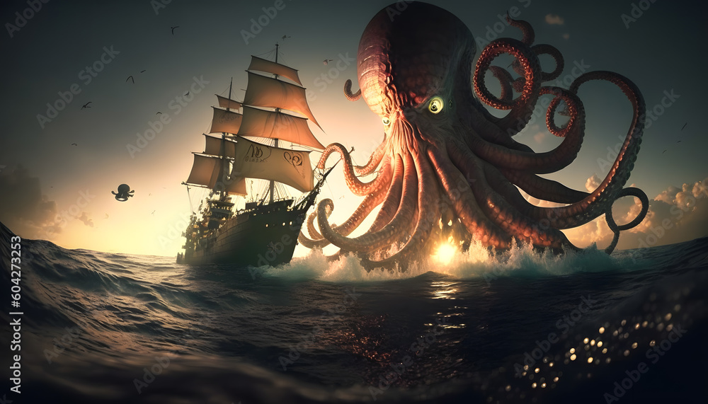 Giant monster Kraken attacks wood ship in sea. Cthulhu octopus with tentacles underwater and ...