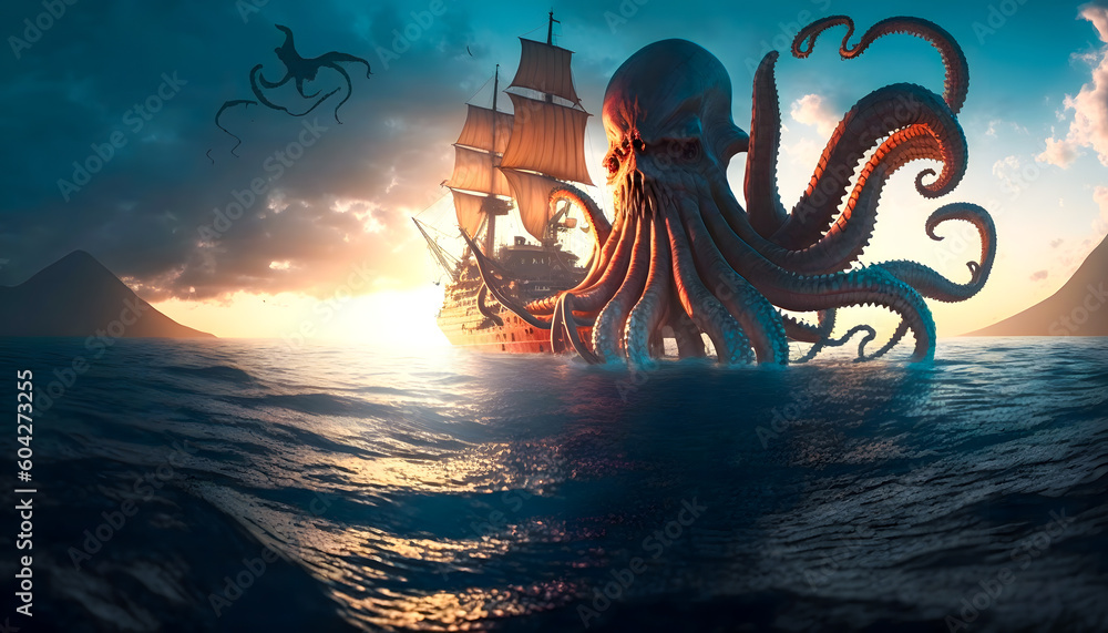 Cthulhu octopus with tentacles underwater and wooden vessel with red sails in ocean. Giant ...