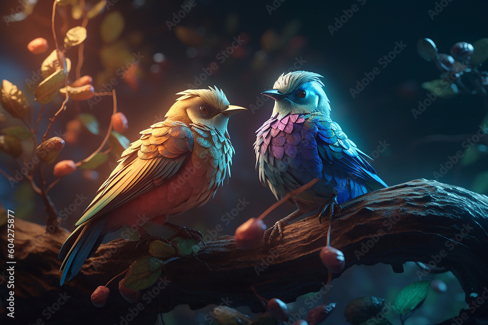 Two colorful birds are on a branch, in the style of mike campus ...