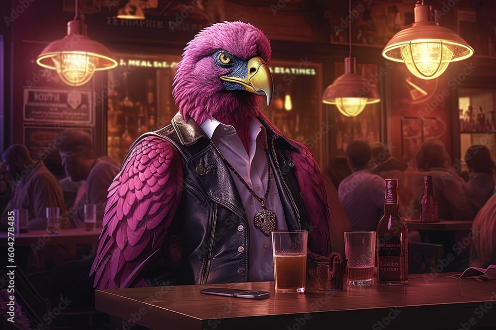 pink eagle draped in a stylish leather jacket that symbolizes its ...