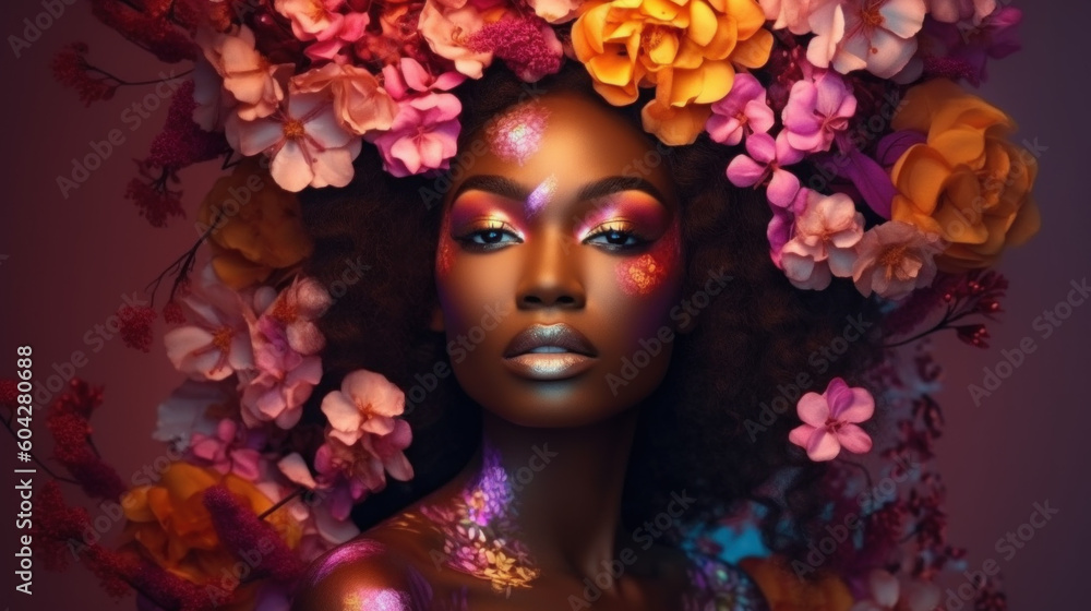Beautiful black model with hairstyle and in a dress of flowers created ...