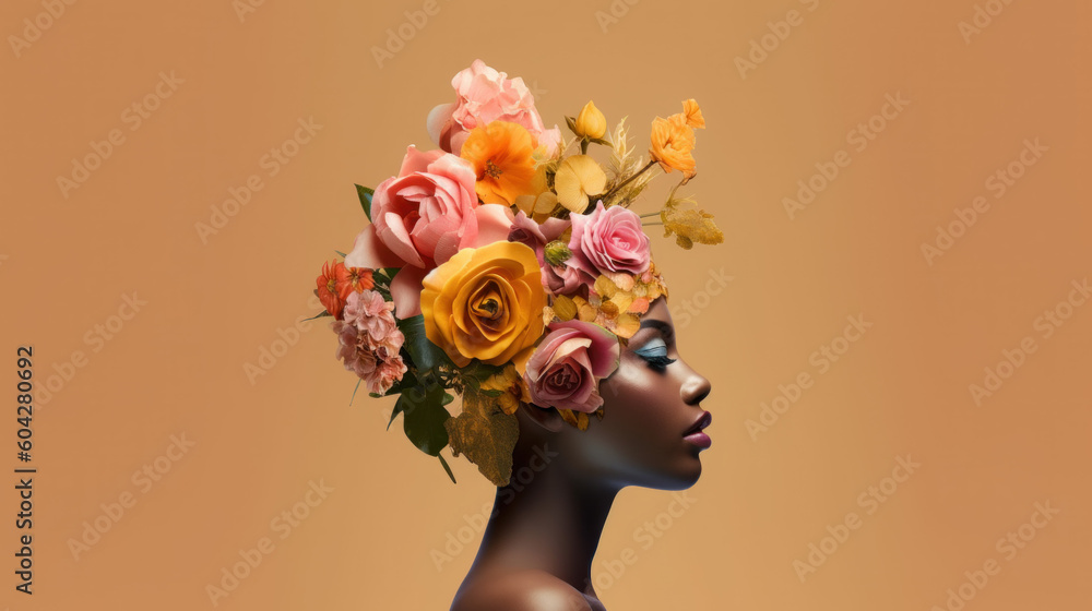 Beautiful black model with hairstyle and in a dress of flowers created ...