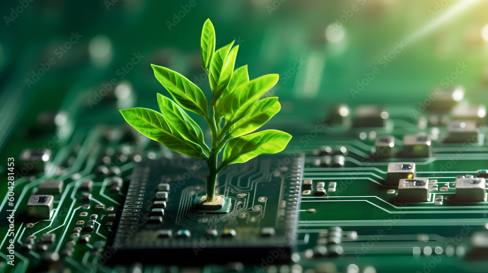 Tree growing on the converging point of computer circuit board. Green ...