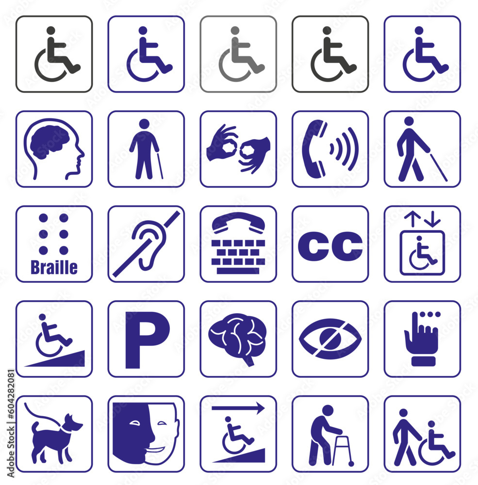 Set of disability icons or graphic elements with information about ...