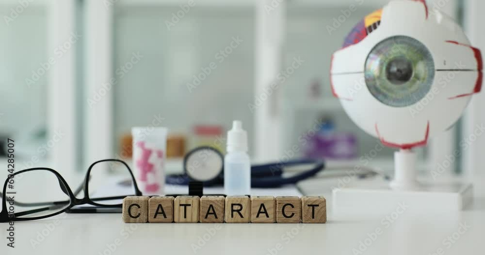 Word cataract glasses drops and eye structure on table of ...