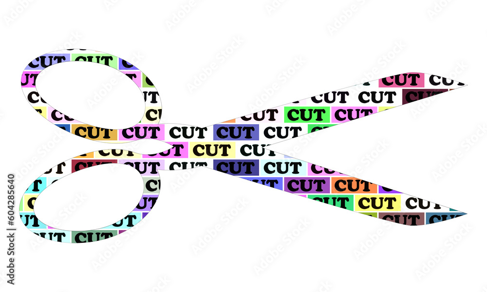 open scissor icon filled with words CUT, isolated, transparent ...