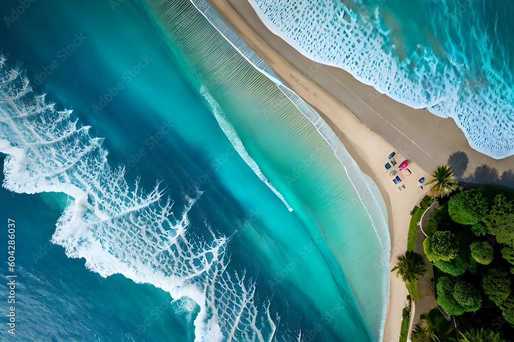 Aerial Top-Down View of Ocean Waves on the Beach behind green trees on ...