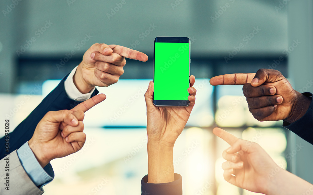 Green screen, pointing and business people with phone for branding ...