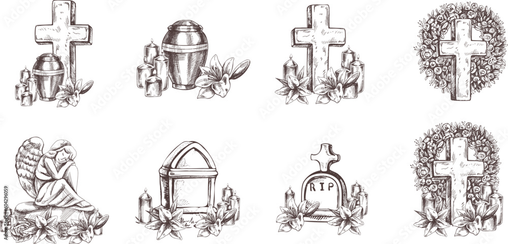 Hand drawn set for Funeral service. Vector illustration. Attributes and ...