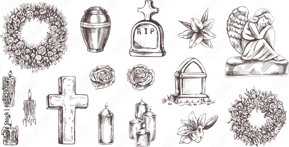 Hand drawn set for Funeral service. Vector illustration. Attributes and ...