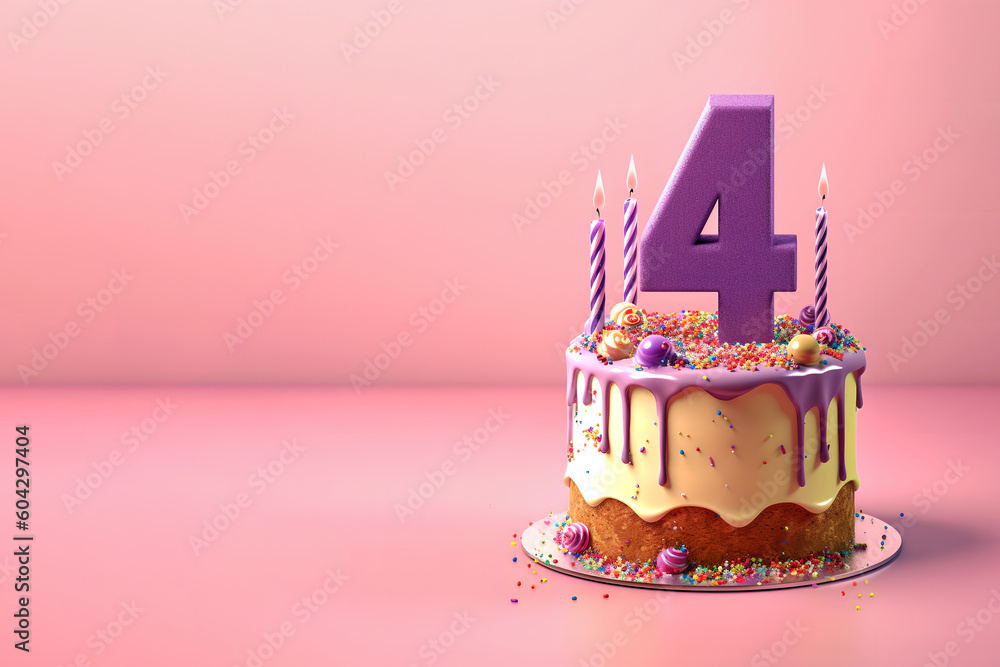 4th years birthday cake on isolated colorful pastel background ...
