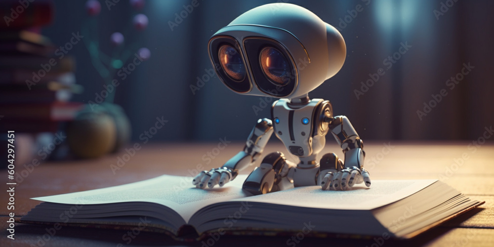 Cute little robot reading a book, concept of education, learning and ...