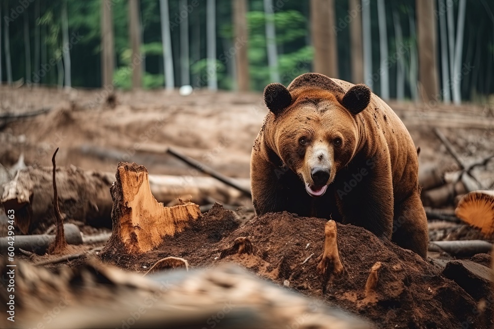 Sad brown bear in the felled forest. Wildlife scene from nature ...