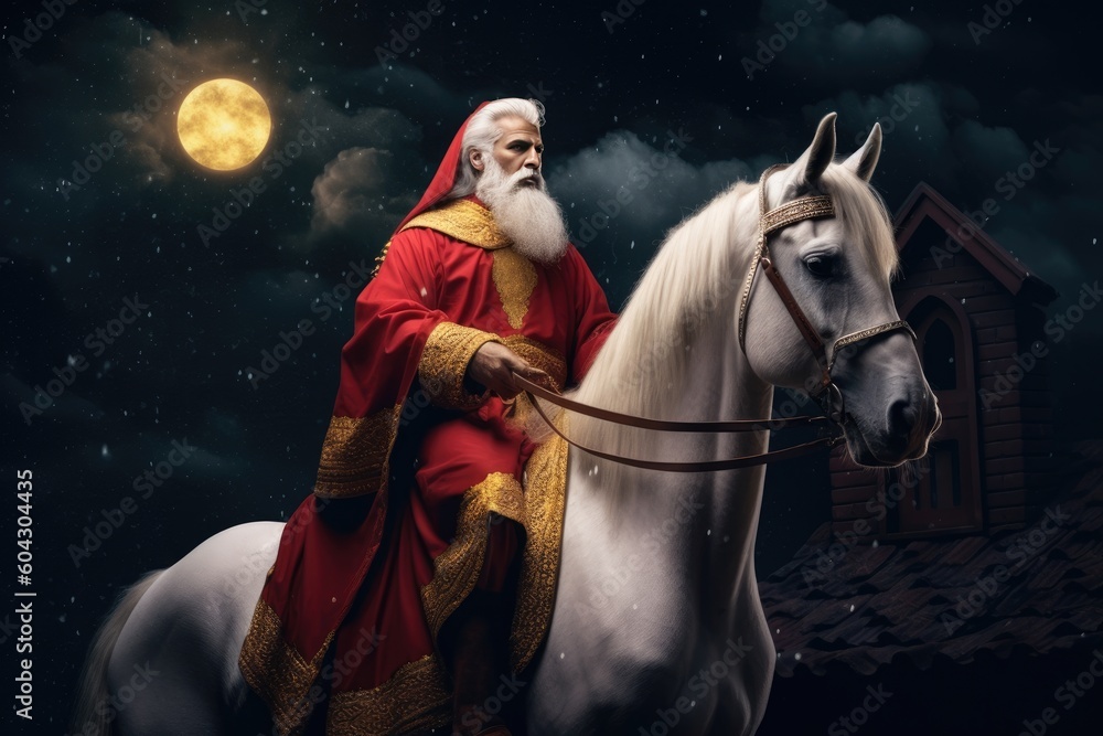 Sinterklaas on his white horse on the rooftops at night, a scene for ...